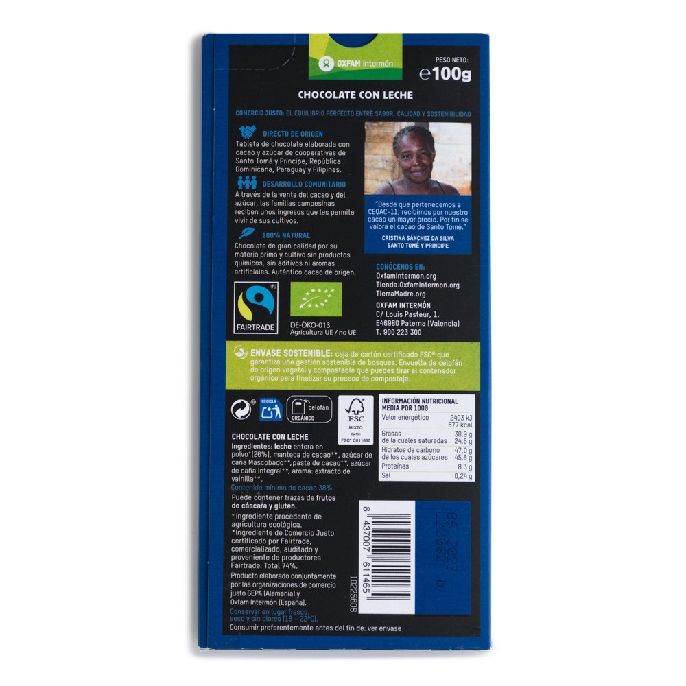 TABLETA DE CHOCOLATE ECOLÓGICO CON LECHE 100g TIERRA MADRE