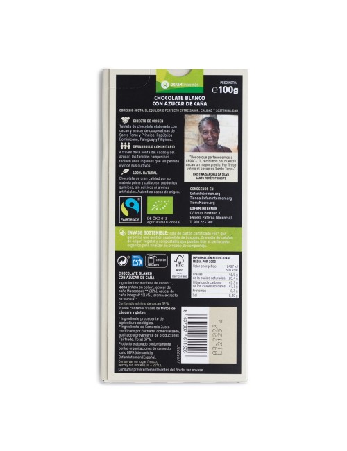 TABLETA CHOCOLATE ECOLÓGICO BLANCO CON MASCOBADO 100g TIERRA MADRE
