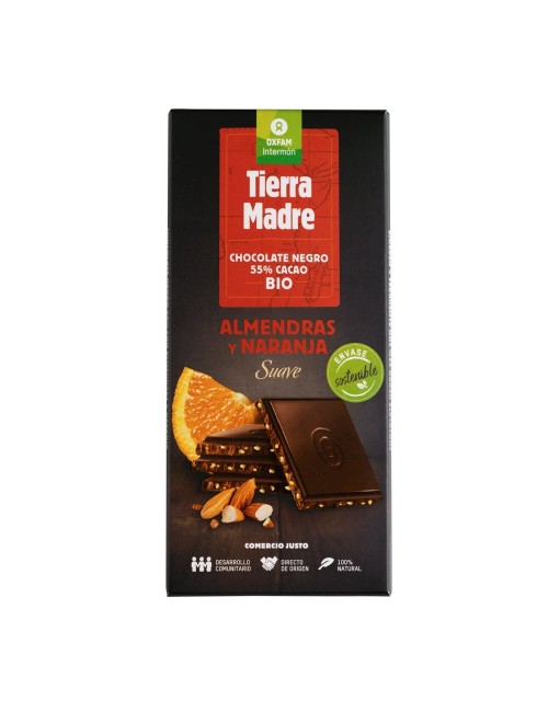 TABLETA CHOCOLATE ECOLÓGICO NEGRO 55% CON ALMENDRA Y NARANJA 100g TIERRA MADRE