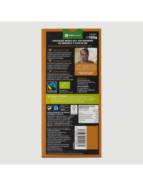 TABLETA CHOCOLATE ECOLÓGICO NEGRO 85% CON CARAMELO Y SAL, 100G TIERRA MADRE