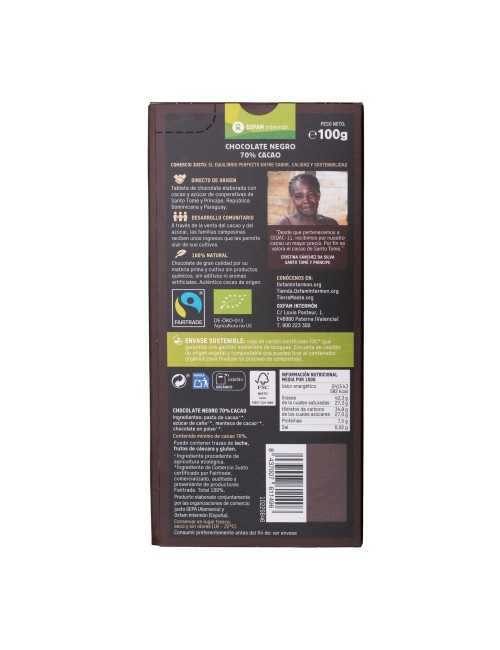 TABLETA CHOCOLATE ECOLÓGICO NEGRO 70%, 100g TIERRA MADRE